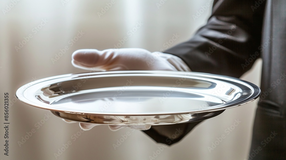 Waiter tray butler hand serve hold plate isolated white man silver ...