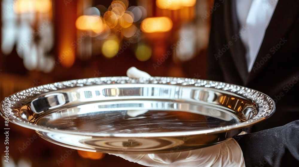 Waiter tray butler hand serve hold plate isolated white man silver ...