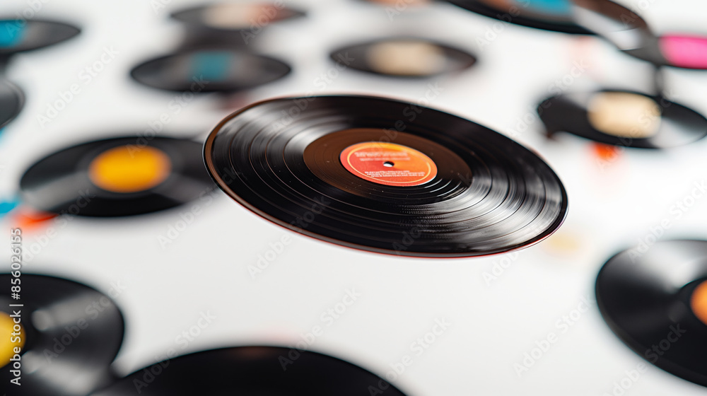 A collection of old records with one of them spinning in the air. Scene ...