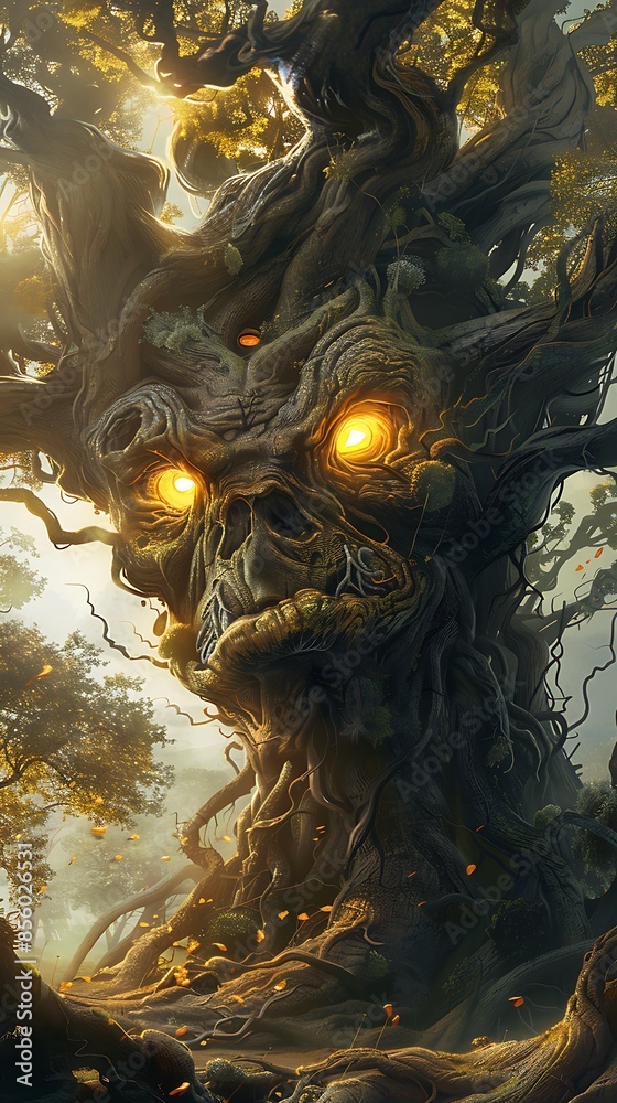 A massive humanoid tree monster with glowing eyes of yellow fire and a ...
