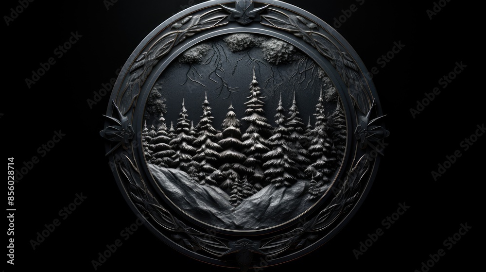 Carved wooden panel with a forest landscape. The panel is round and has ...