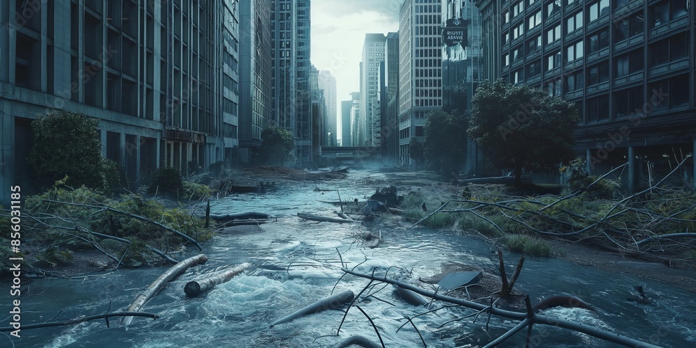 A photo of a post-apocalyptic cityscape with water, trees and debris on ...
