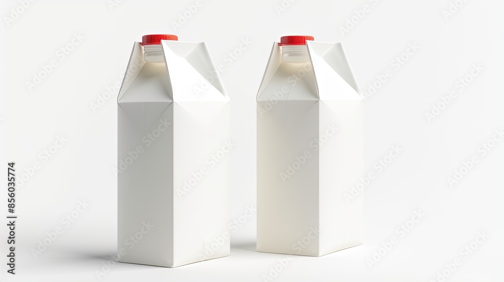Two white milk cartons with red caps on a white background. The cartons ...