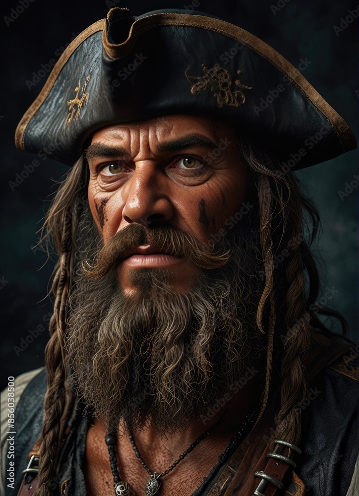 The infamous pirate Blackbeard emerges in vivid detail. His weathered ...