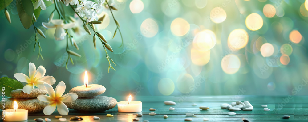 Zen stones, candles and white flower on soft background with copy space ...