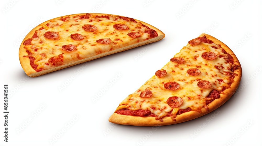 Half a pizza with melted cheese and pepperoni on a white background ...