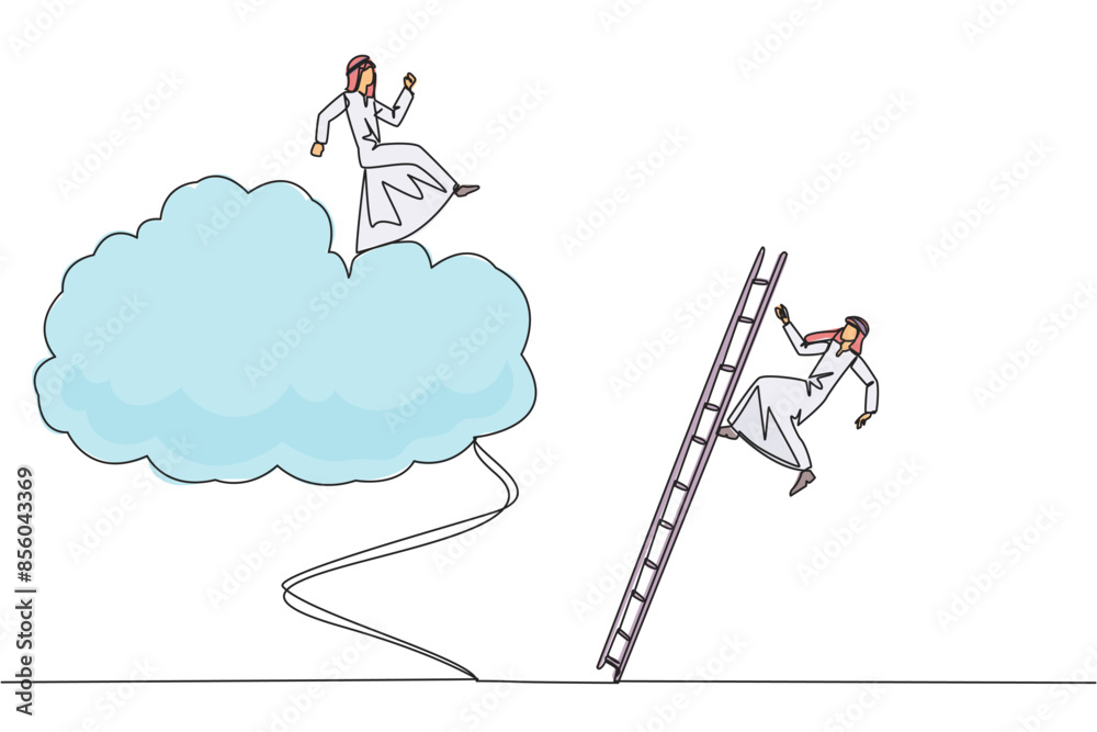 Continuous one line drawing Arab businessman kicks rival who climbs ...