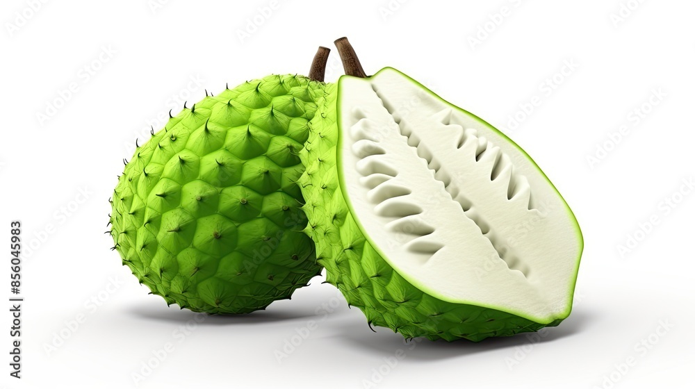 This image shows a green soursop fruit. The fruit is cut in half ...