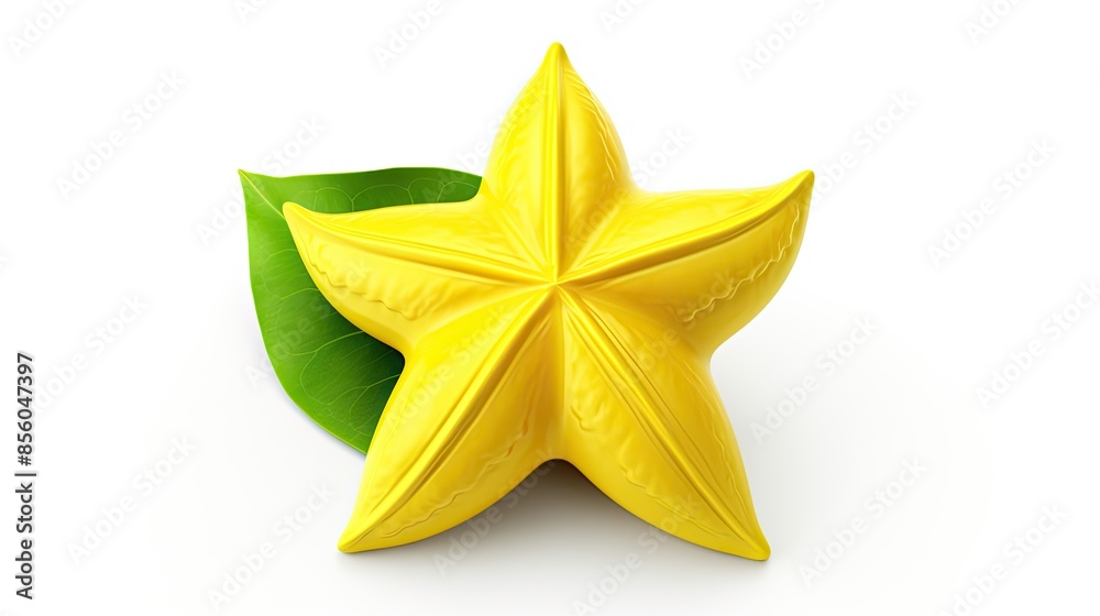 3D rendering of a yellow starfruit with a green leaf on a white ...