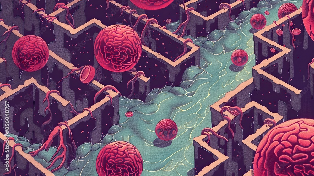A pixel art rendition of red blood cells navigating a microscopic ...