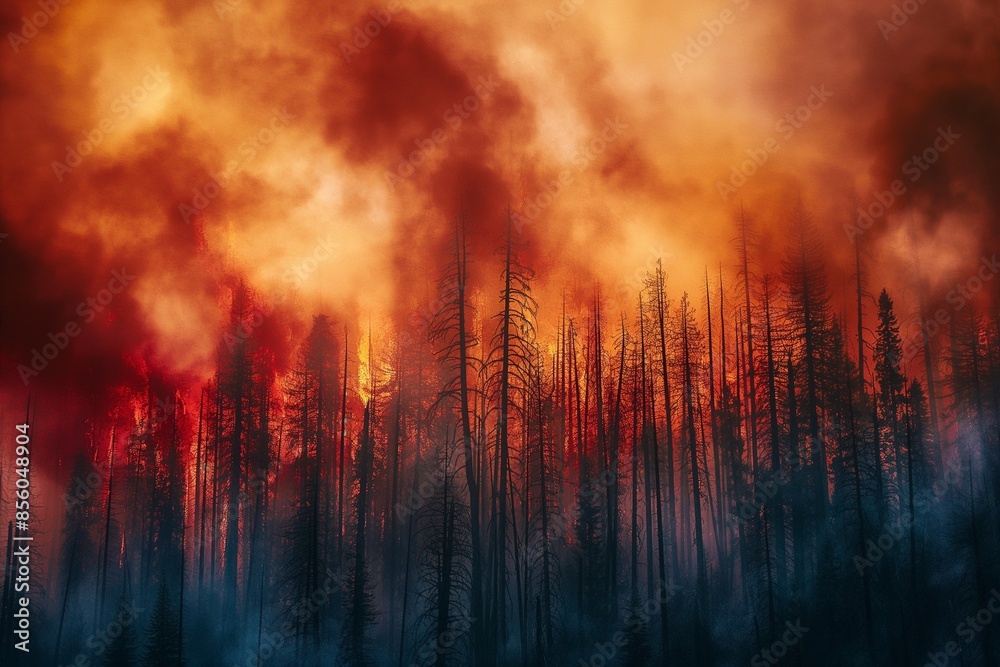 A photo of a large forest fire raging, with flames and smoke filling ...