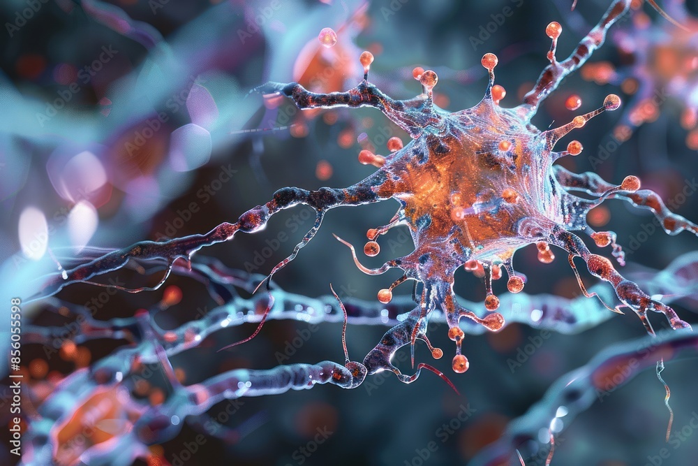 medical iilustration, ultra close-up view of few neuron cells cluster ...
