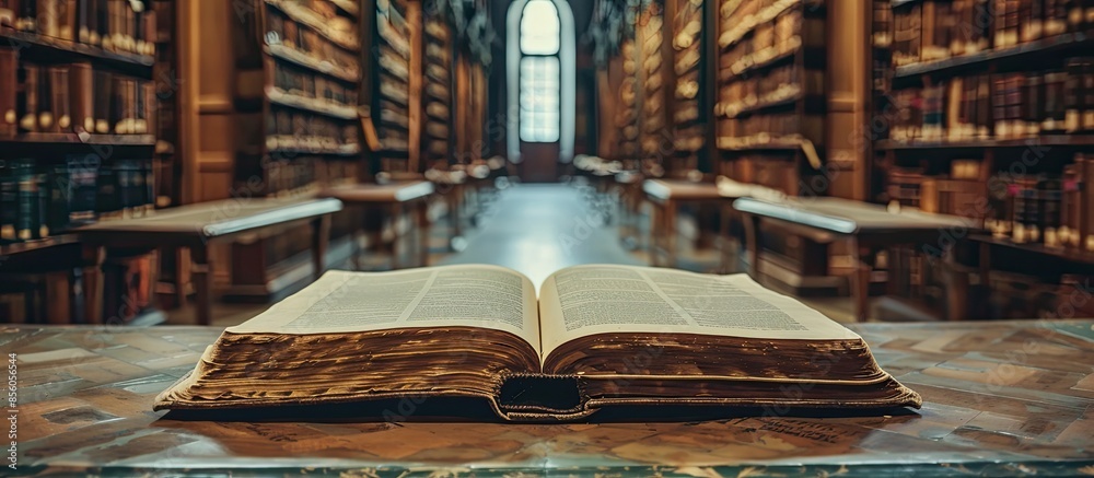 Book in library with old open textbook, stack piles of literature text ...