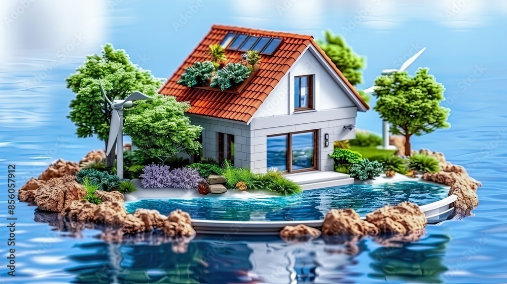 Small floating eco-friendly island home with green roof and solar ...