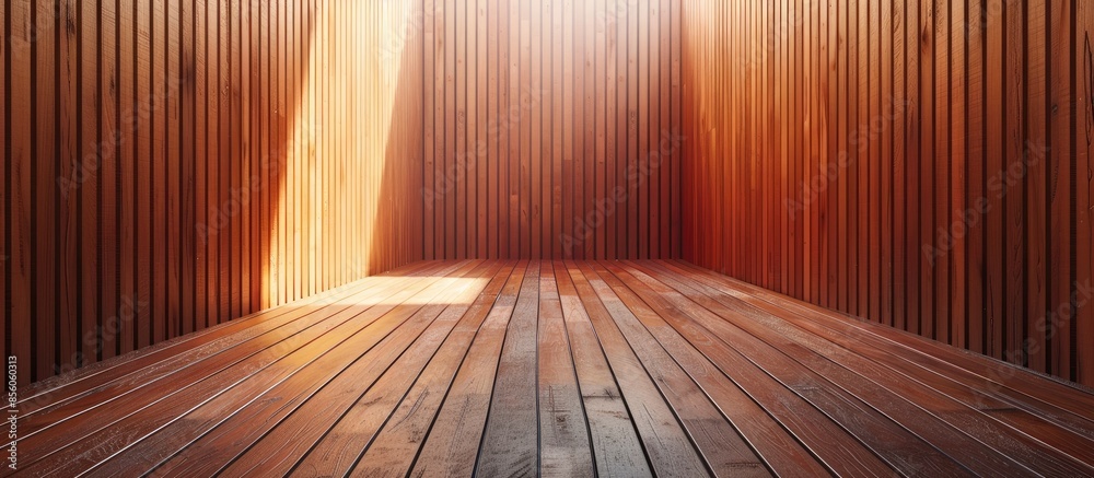 empty architectural indoor wooden room, reddish wood planks finishing ...