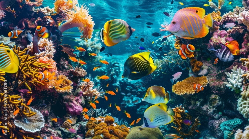 Panoramic underwater view of tropical sea fishes swimming amidst ...