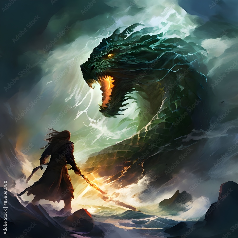 Digital painting of a druid engaged in combat with a colossal serpent ...