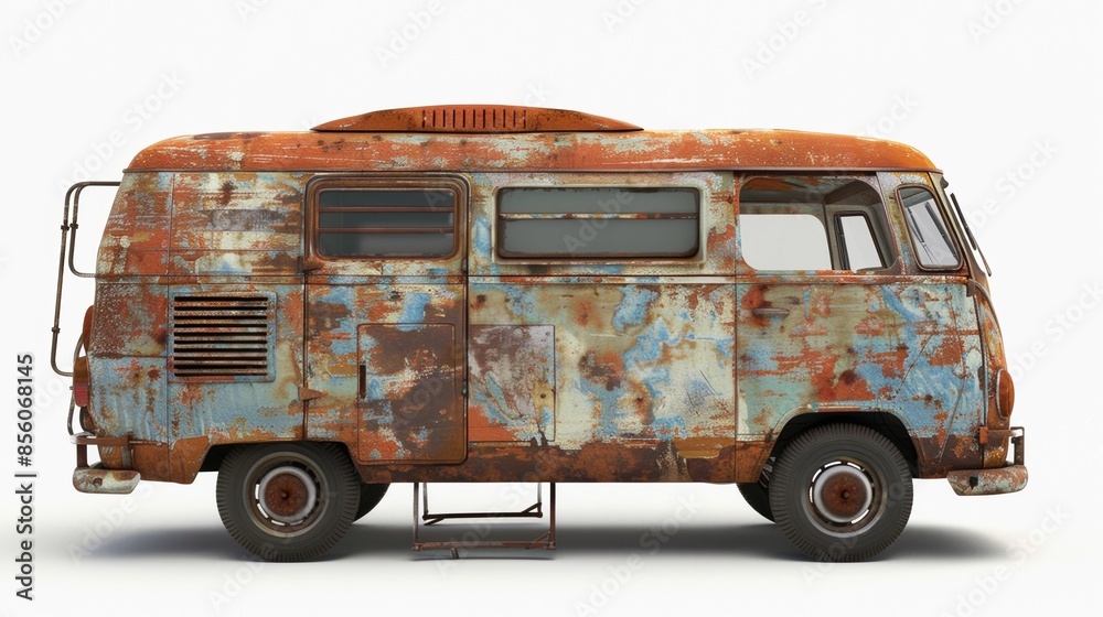 Side view of rusty vintage camper van over white background Stock Photo ...
