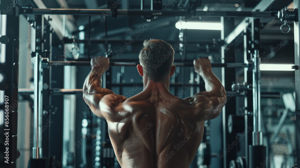 A fitness model doing lat pulldowns with a heavy weight stack in a ...