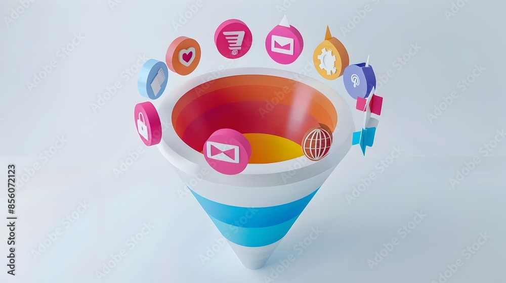 Digital Marketing Funnel with Floating Icons Representing Stages on ...