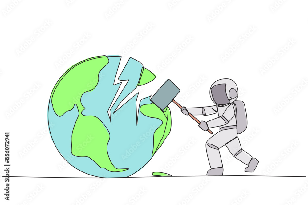 Continuous one line drawing astronaut preparing to hit the big globe ...