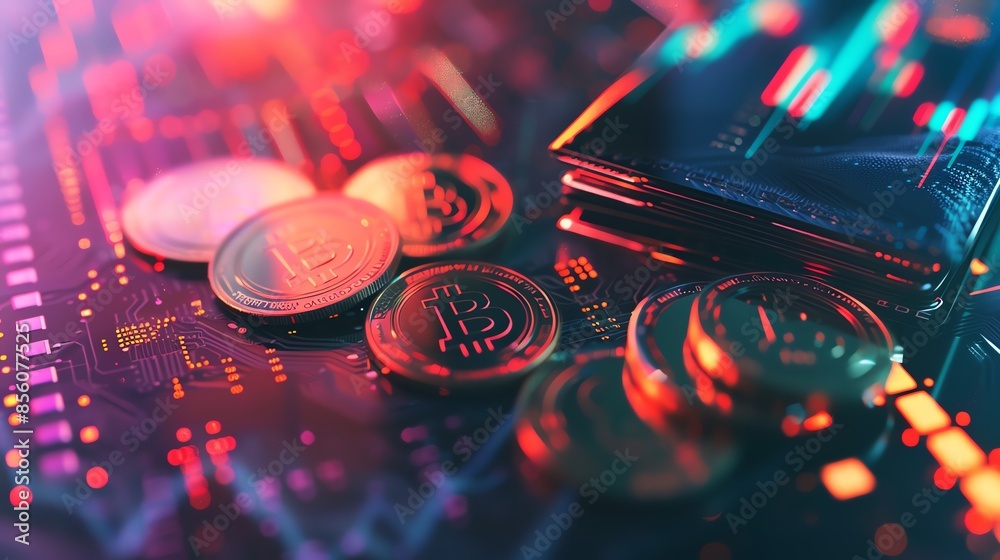Cryptocurrency coins and digital wallet with futuristic cyber ...