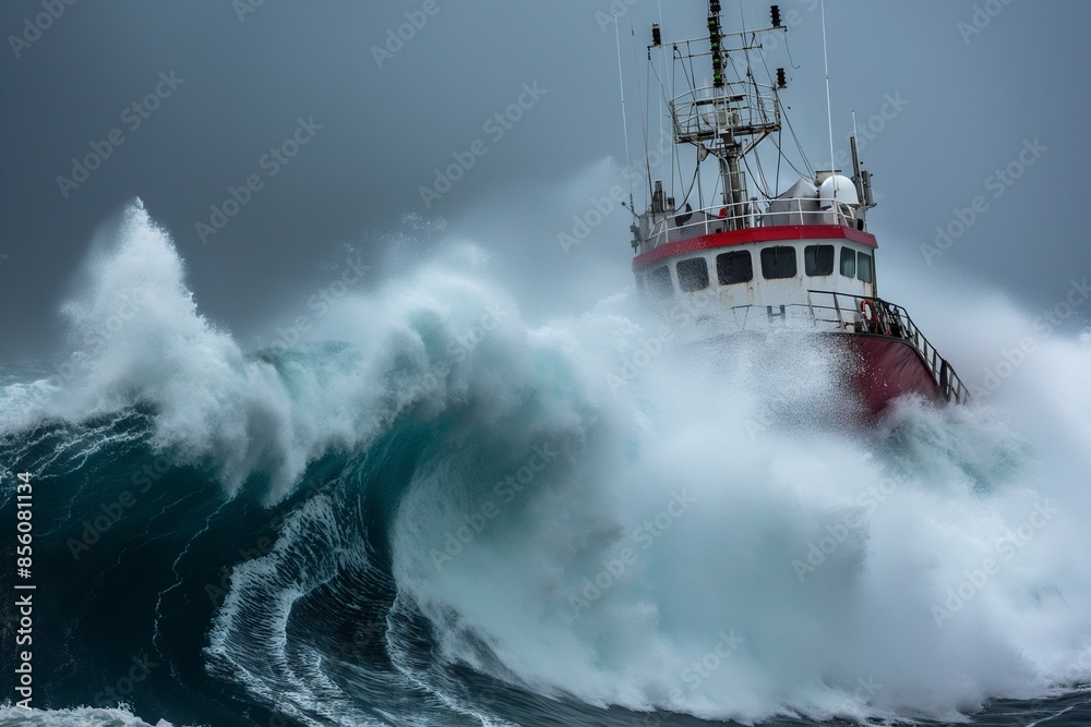 Photo of a ship riding a huge wave in the ocean, with a misty with a ...