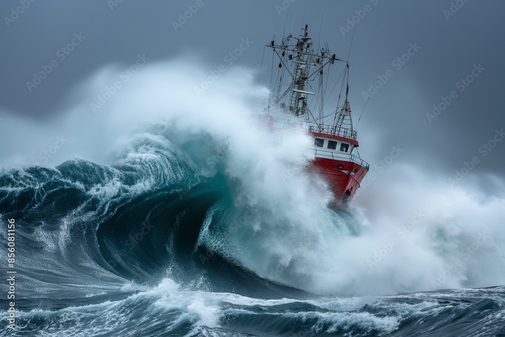 Photo of a ship riding a huge wave in the ocean, with a misty with a ...