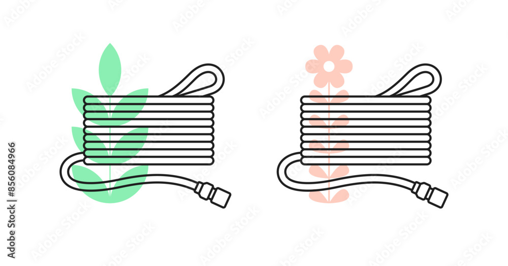 Garden water hose icons with green plant and pink flower. Coiled rubber ...