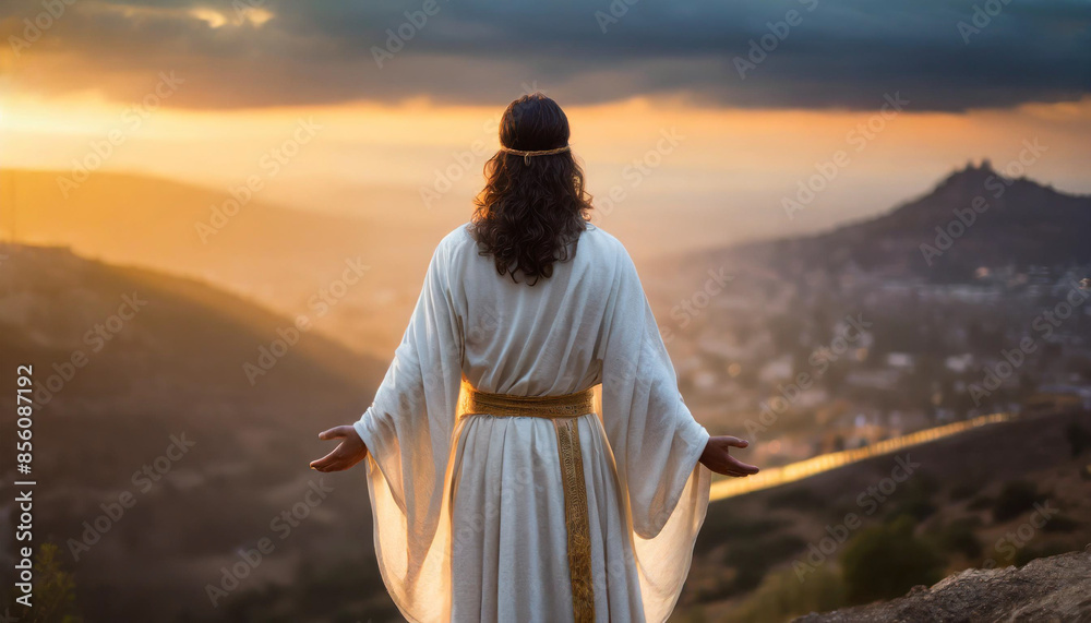 Jesus from behind, standing on the Mount and delivering the Sermon on ...