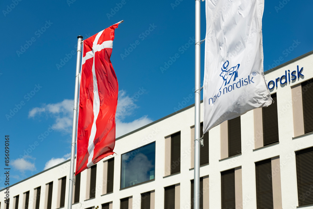 Novo Nordisk advertising flags and logo on facade building, Danish ...