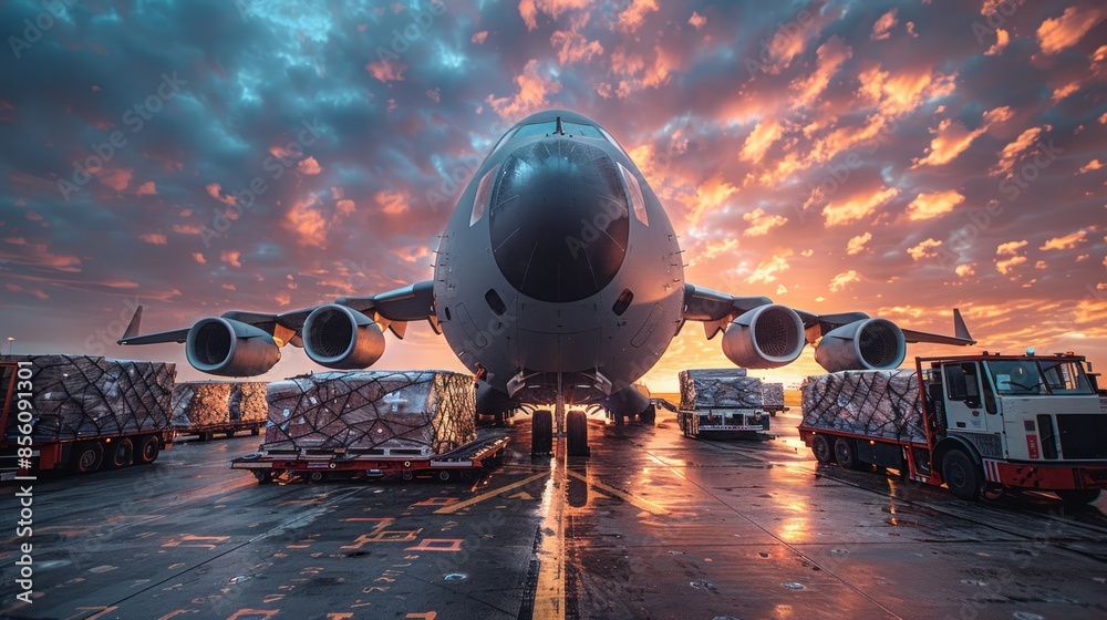 Large aircraft unloading cargo at a busy logistics center, highlighting ...