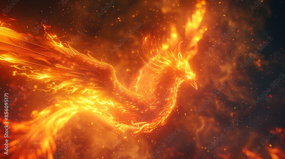 Fiery phoenix bird rendered in 3D with glowing feathers symbolizing ...