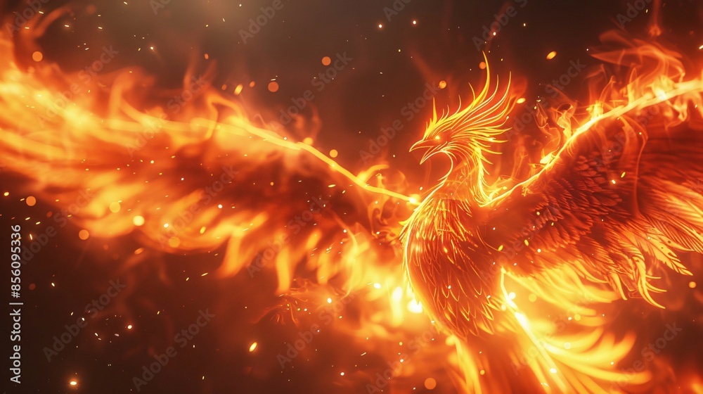 Fiery phoenix bird rendered in 3D with glowing feathers symbolizing ...