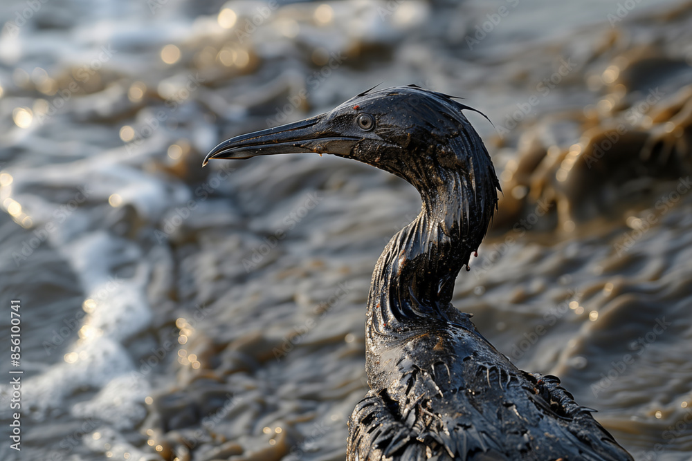 Bird covered in oil. Environmental pollution. Photo generated using AI ...