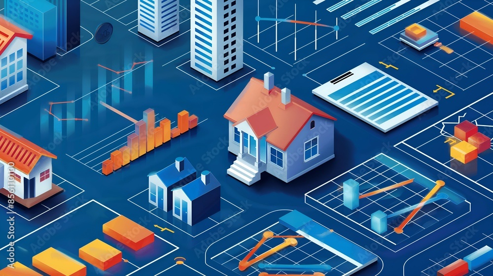 Isometric Illustration of Real Estate Market with Charts and Buildings ...