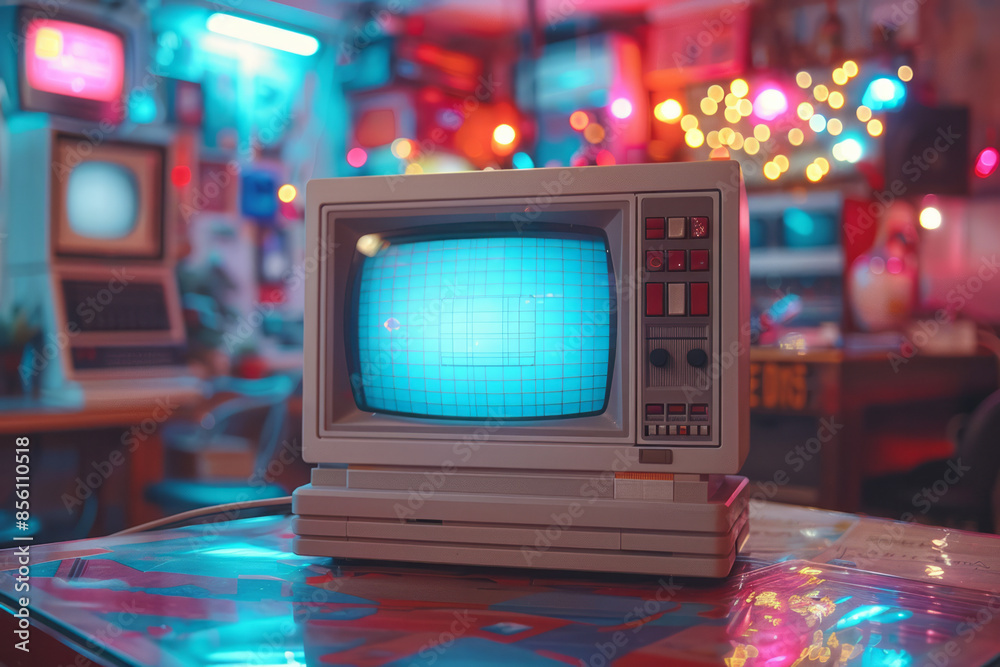 Loading animation on a vintage CRT monitor with colorful pixelated ...