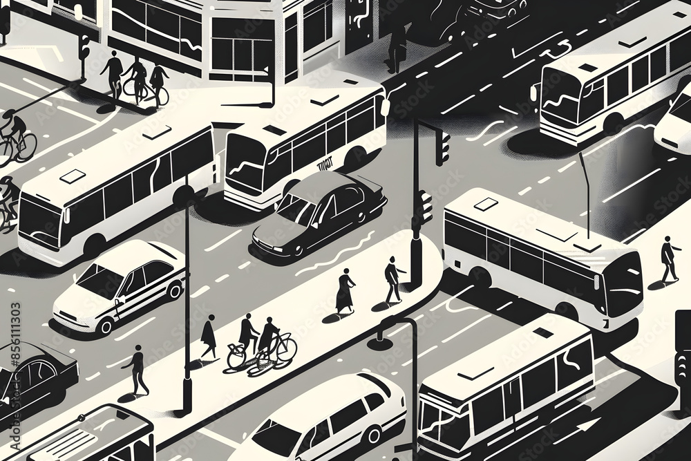 A dynamic black and white illustration of a city street with various ...