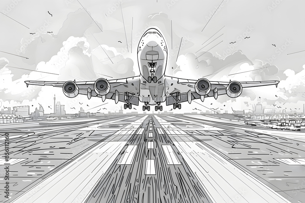 A detailed black and white illustration of an airplane taking off, with ...