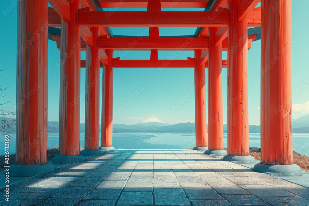 Minimalist 3D art featuring an abstract Torii gate with clean lines and ...