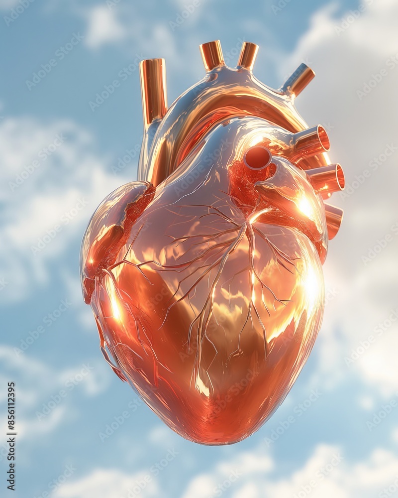 This image depicts a highly detailed copper human heart interpretation ...