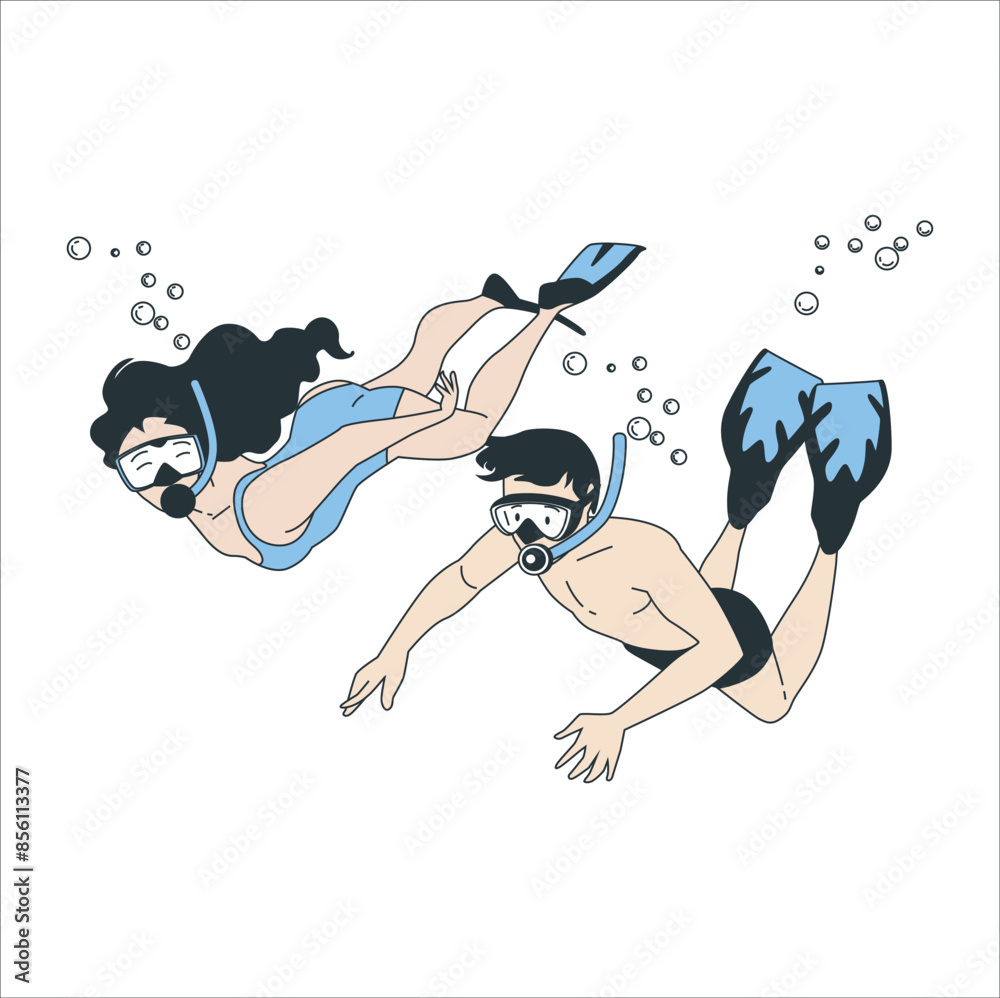 Male and female scuba diving and snorkeling illustration. Cartoon man ...