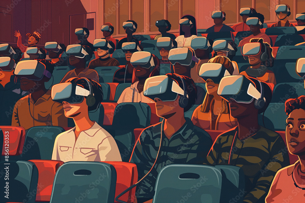 Students in lecture hall wear VR headsets. Diverse group learns virtual ...