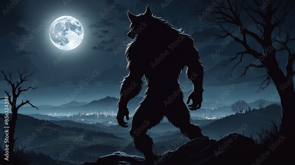 Menacing WEREWOLF or large wolf striking the neighbourhood moonlit ...