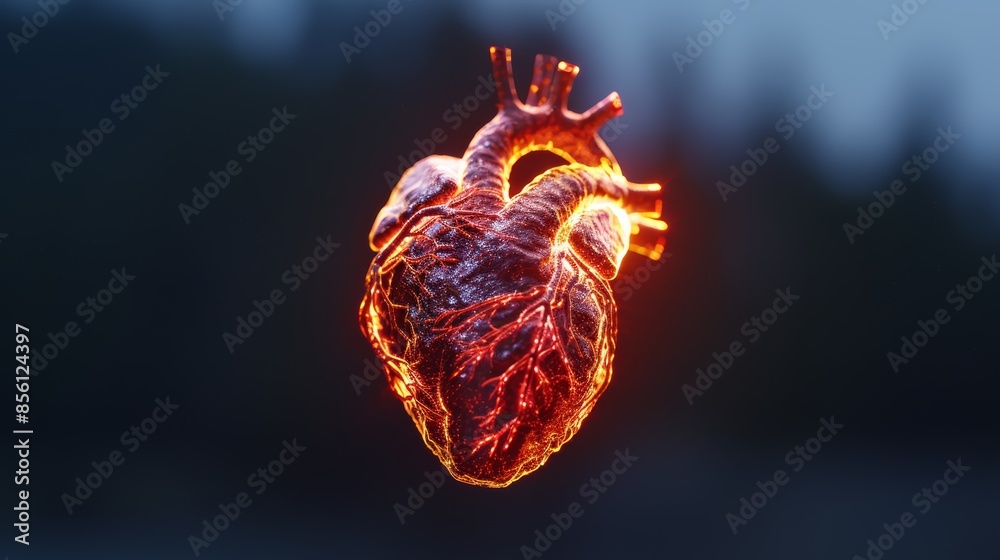 Floating schematic heart crafted from vines and roots, glowing softly ...