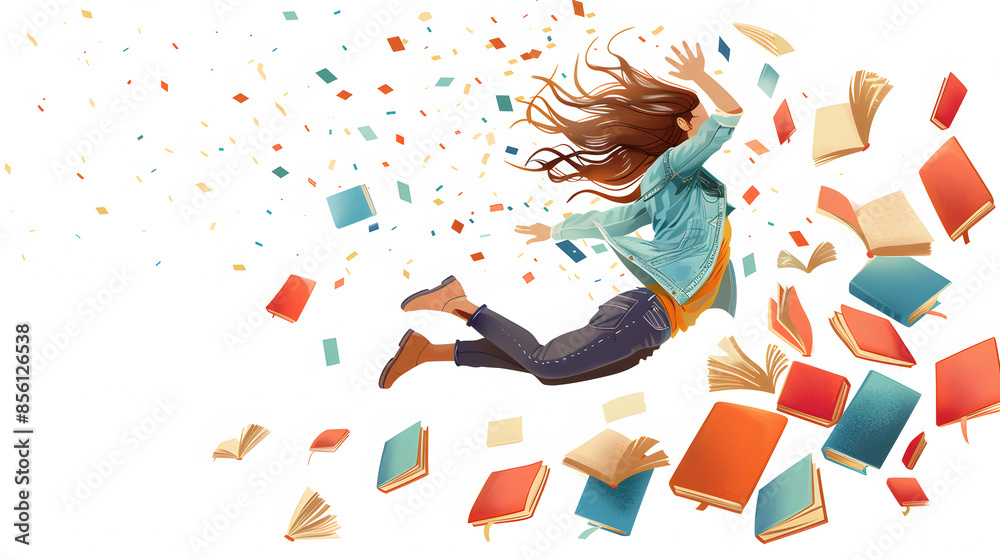 Contemporary art collage. conceptual image. young girl, student jumping ...