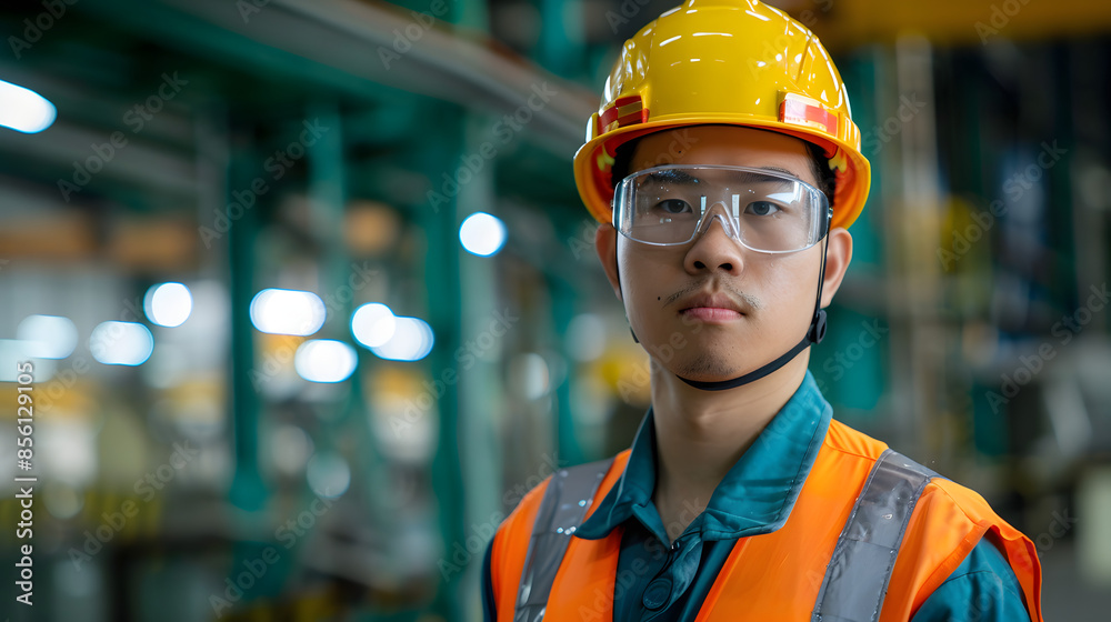 Asian chinese engineer worker wearing safety suit helmet and eyes ...
