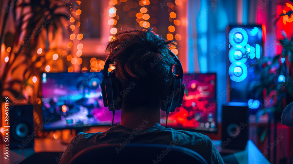 Professional Gamer in Illuminated Room. A professional gamer in a dark ...