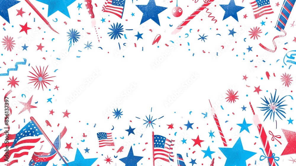 Festive Fourth of July border with American flags, stars, and fireworks ...