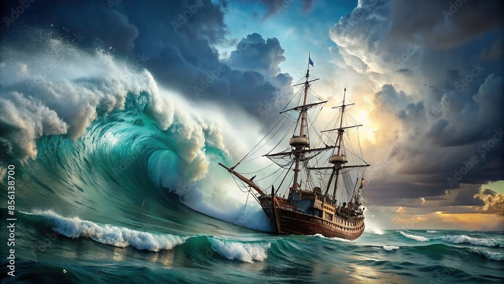 Pirate ship caught in colossal tidal wave, crew struggling against ...